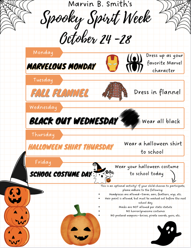 Smith Spirit Week October 24-28th | Marvin B. Smith Elementary School